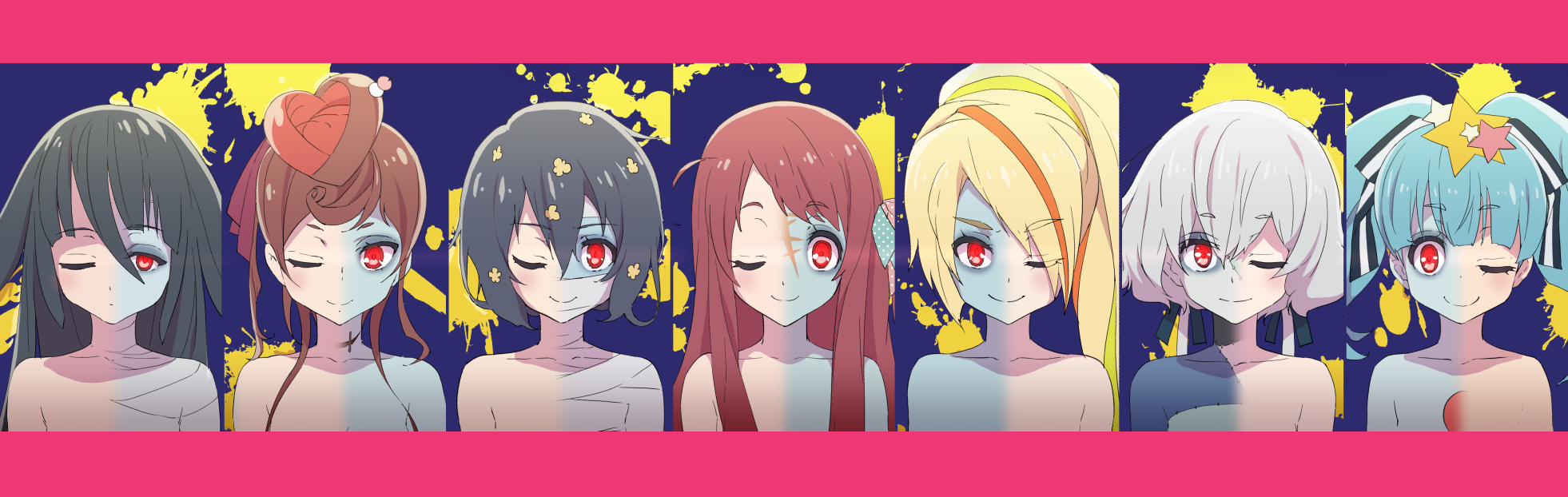 Safebooru - 6+girls ;) bandage black hair blonde hair blue hair blush ...