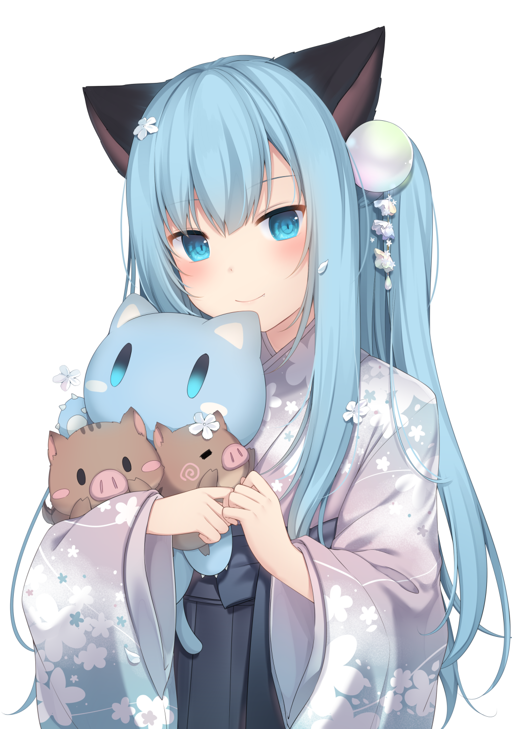 Safebooru - 1girl amashiro natsuki animal ears bangs blue eyes blue hair blue hakama blush boar ...