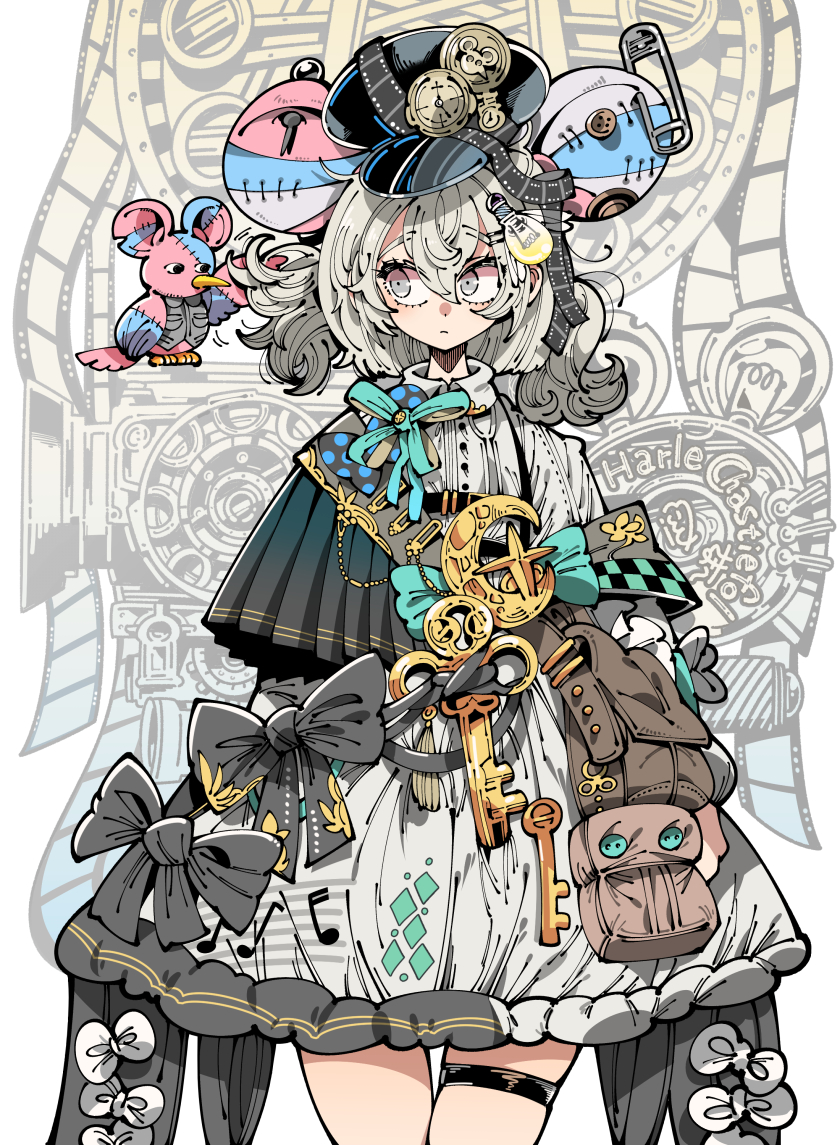 Safebooru - 1girl animal ears bag bird black hat bow closed mouth cowboy shot crescent moon ...