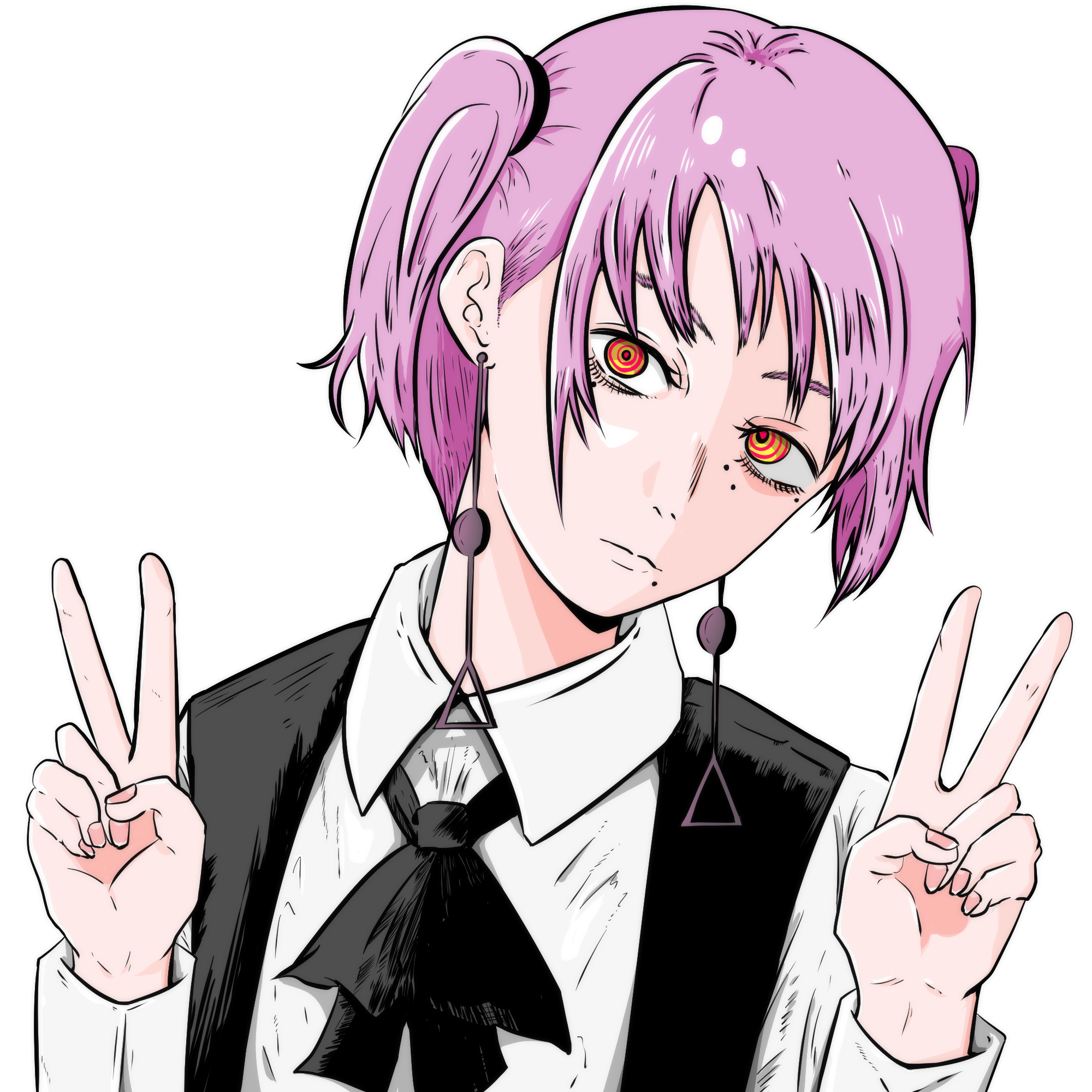 Safebooru - 1girl alternate hairstyle black ribbon chainsaw man closed mouth double v dress ...