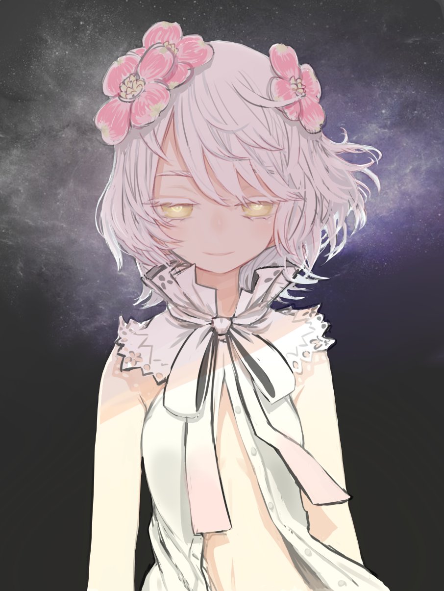 Safebooru - bangs bare shoulders closed mouth flower glowing glowing eyes hair flower hair ...