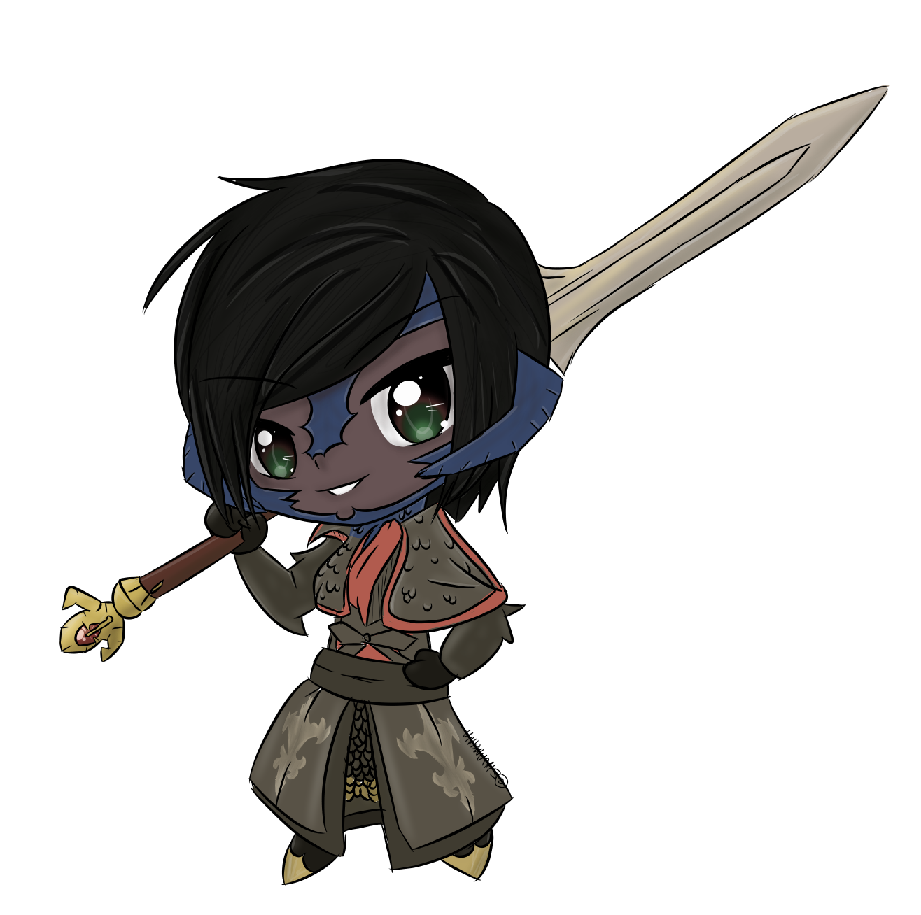 Safebooru - armor armored black hair boots chainmail chibi coat dark ...