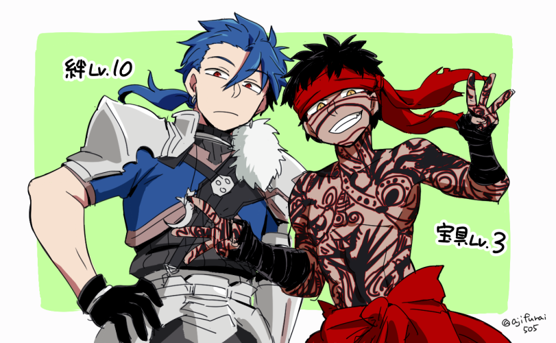 Safebooru - 2boys asaya minoru avenger bangs black gloves black hair blue hair blue jacket brown ...