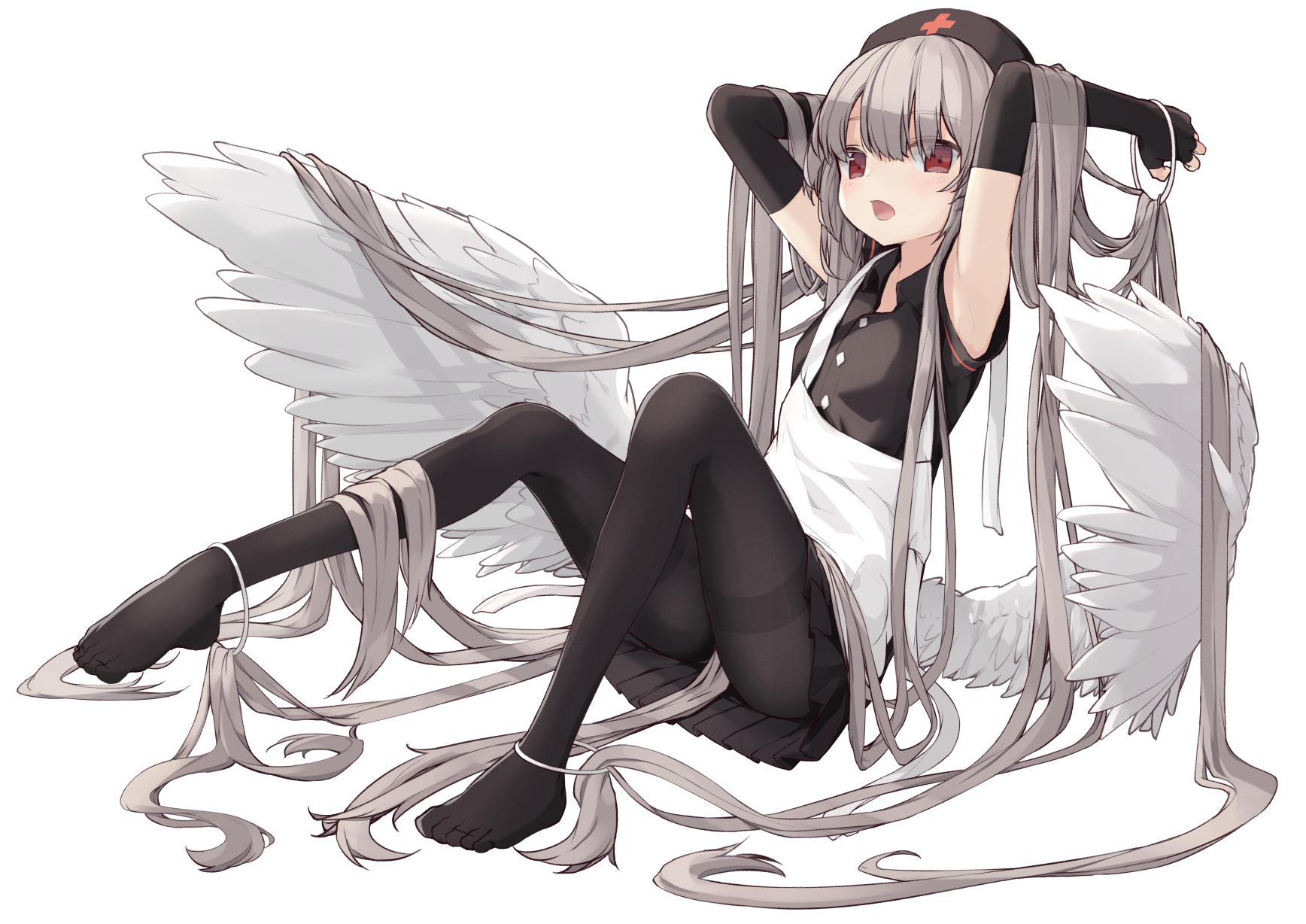 Safebooru - 1girl :o absurdly long hair angel wings armpits arms up ass bangs black gloves black ...