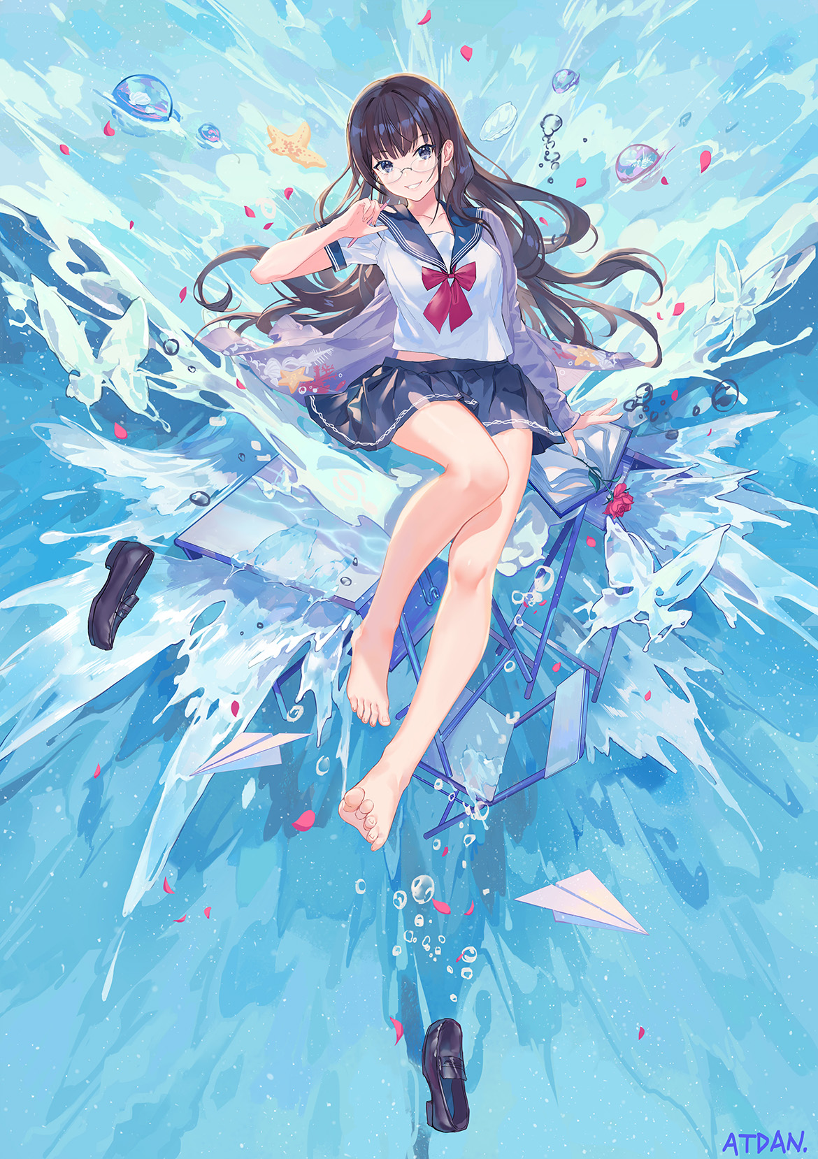 Safebooru - 1girl artist name atdan bangs bare legs barefoot black hair blue blue eyes blue ...