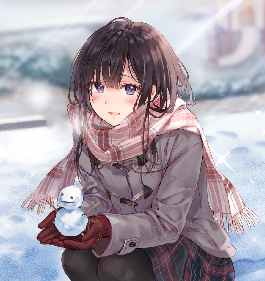 Safebooru - 1girl :d bangs black skirt blurry blurry background blush breath brown gloves brown ...
