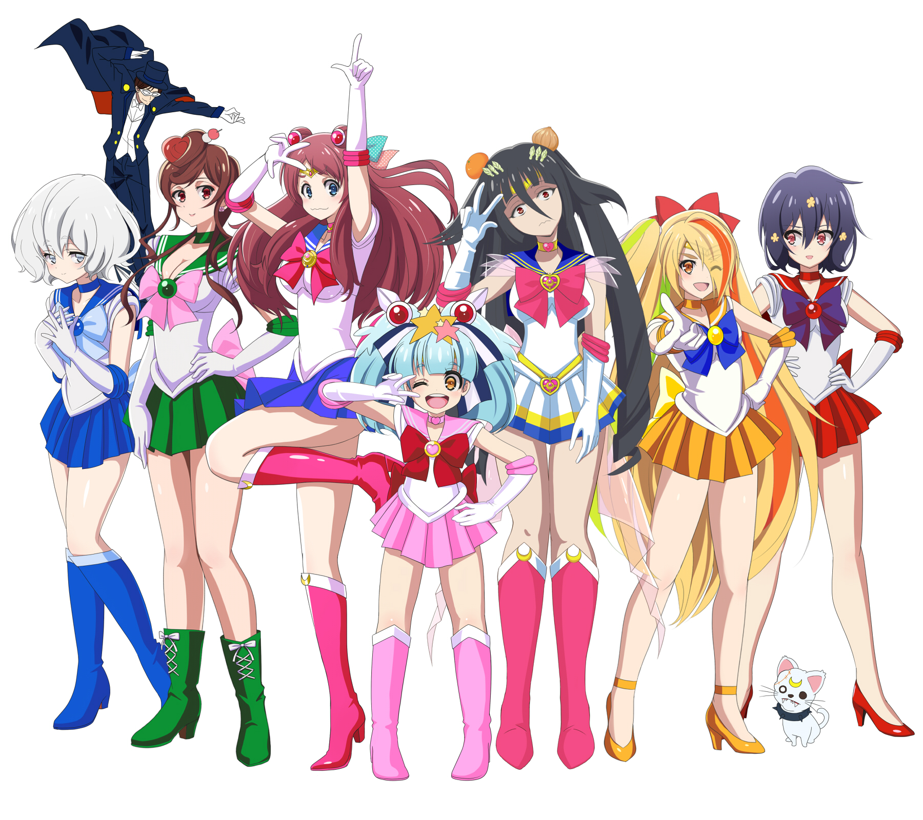 Safebooru - 1boy 6+girls :d ;d arm up bishoujo senshi sailor moon black cape black hair black ...