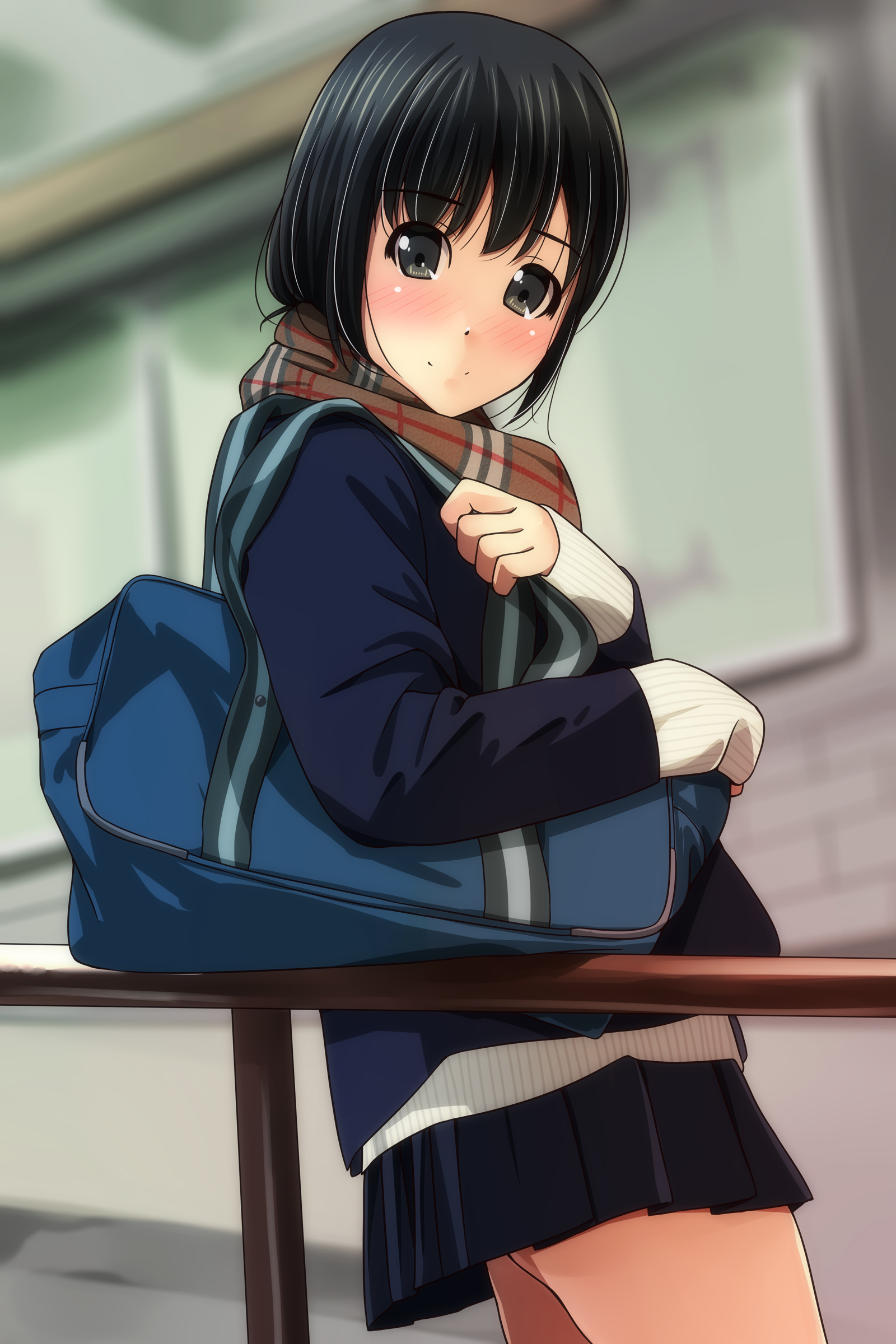 Safebooru - 1girl absurdres bangs black hair black skirt blazer blue jacket blurry blurry ...