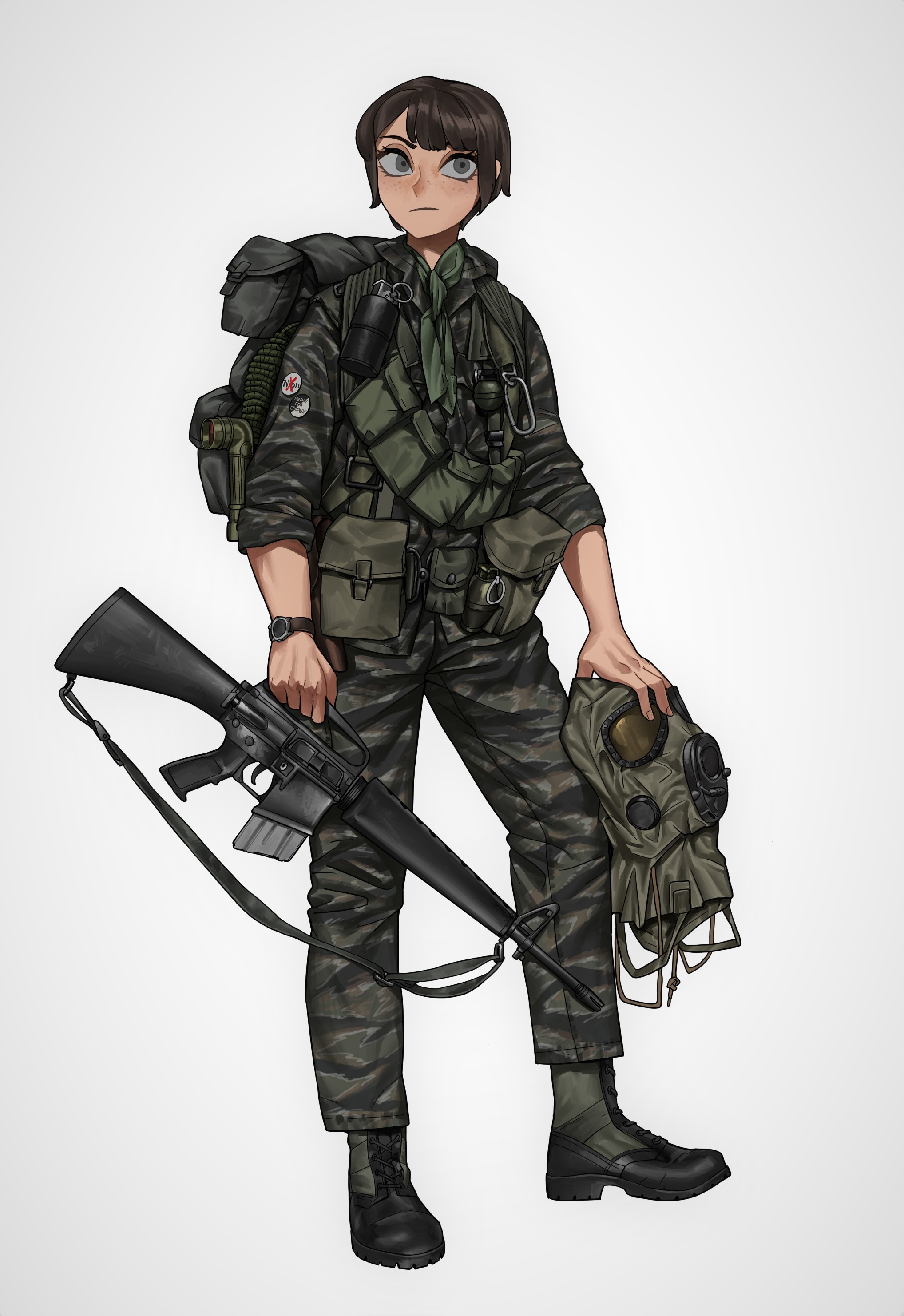 Safebooru - 1girl absurdres assault rifle backpack bag black boots boots brown hair camouflage ...