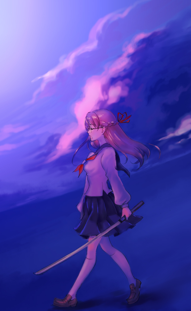 Safebooru - closed eyes glasses katana long hair mole profile school ...