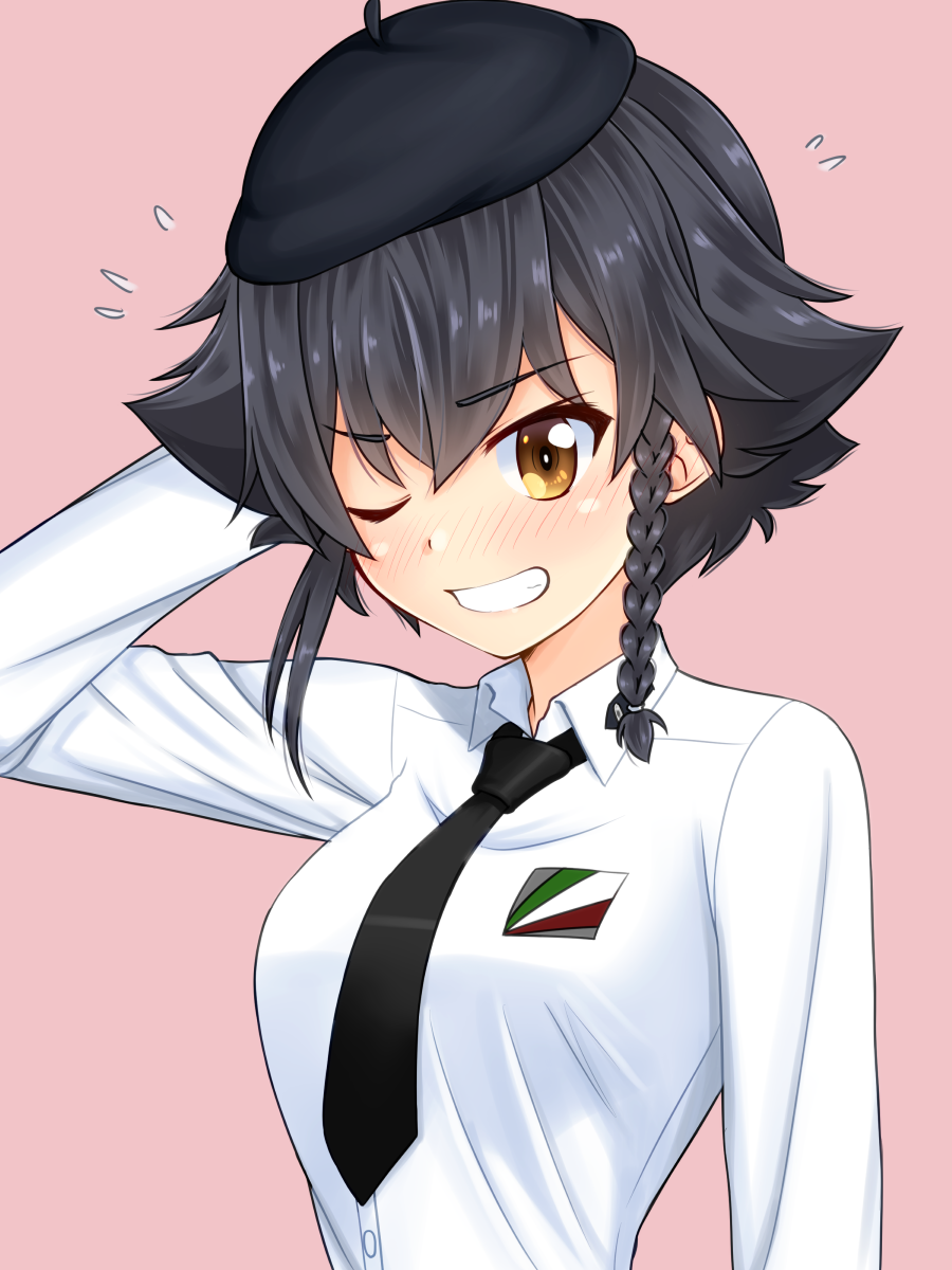 Safebooru - 1girl anzio school uniform arm behind head bangs beret black hair black hat black ...