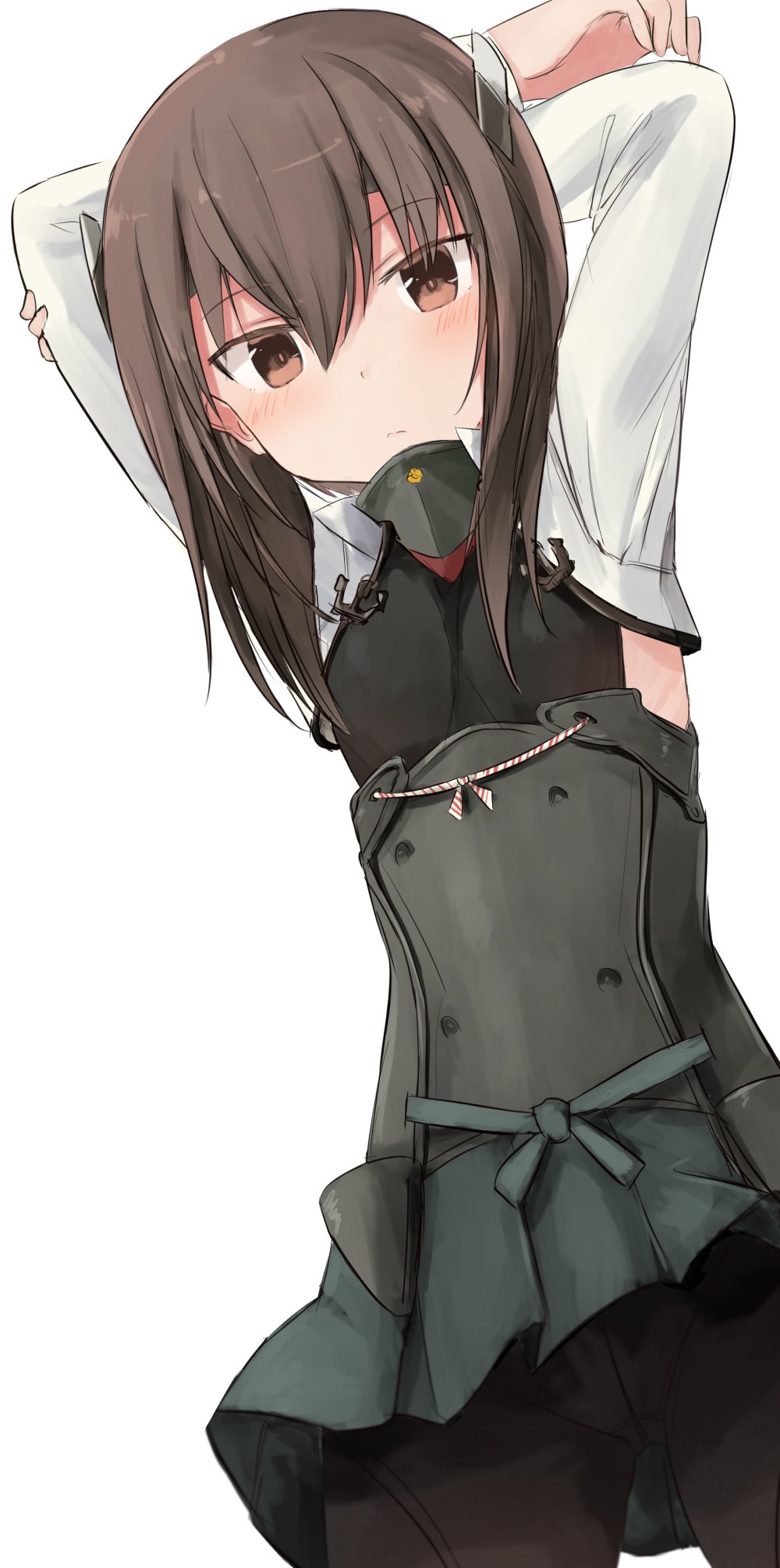 Safebooru - 1girl anchor arm behind head arms up bangs bike shorts blush brown eyes brown hair ...