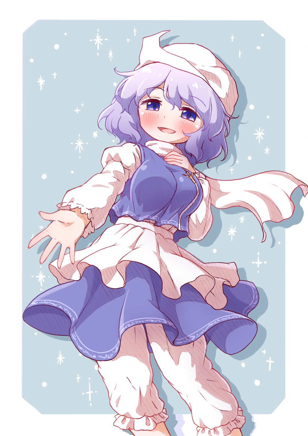Safebooru - 1girl apron arinu arms up blue background blue eyes blue skirt blue vest breasts ...