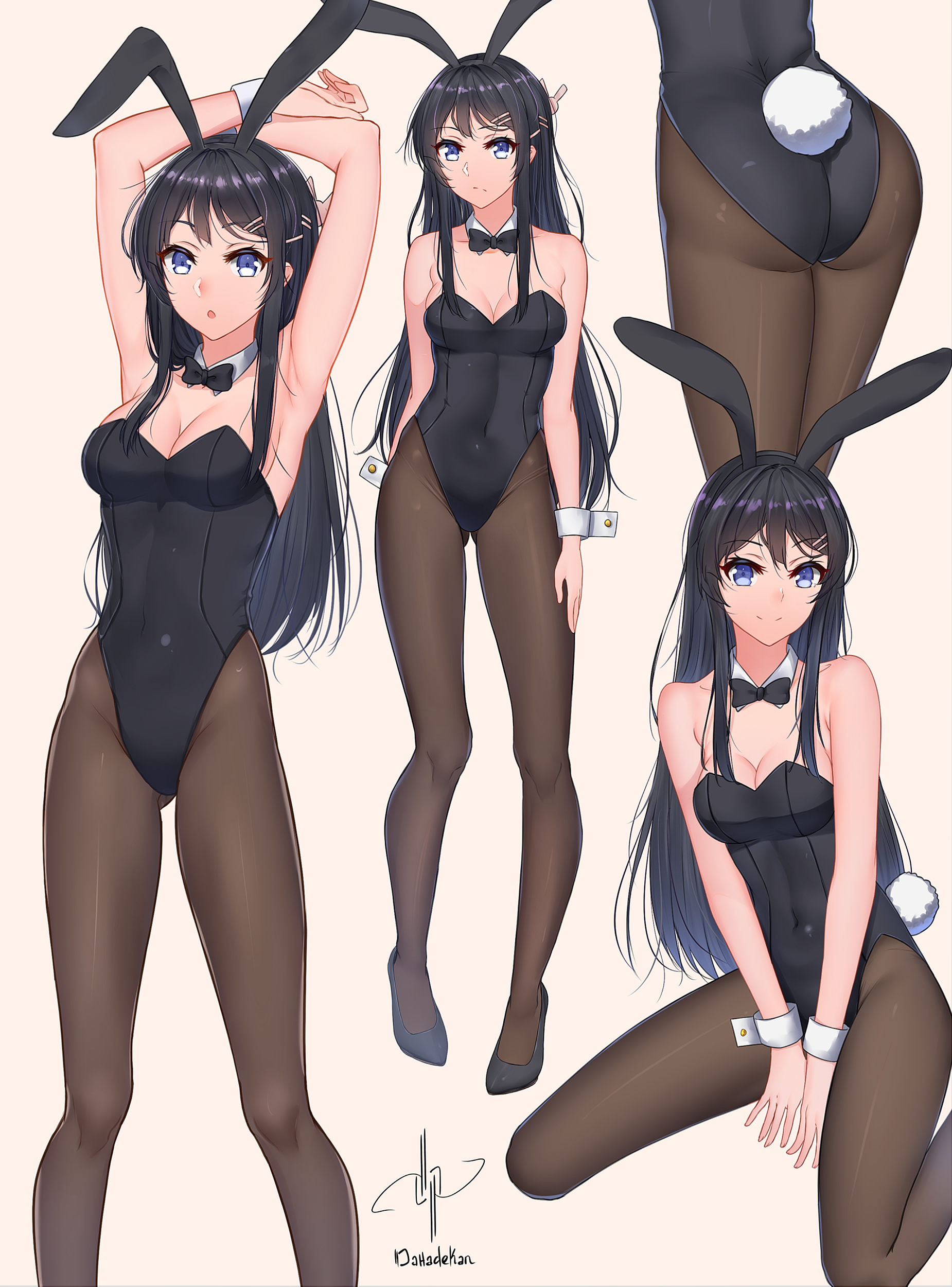 Safebooru - 1girl absurdres animal ears armpits arms up ass beige background black hair black ...