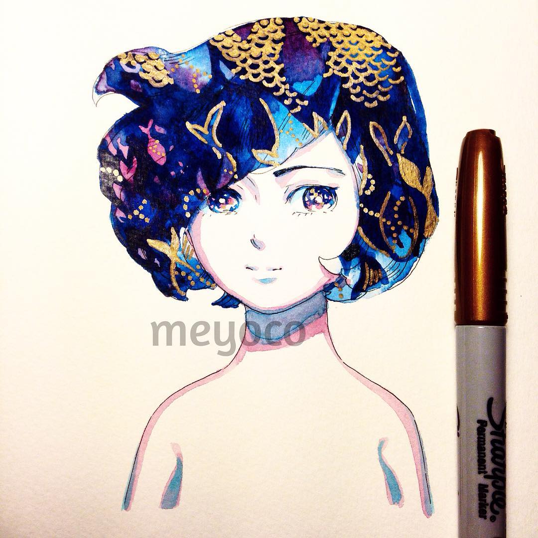 Safebooru - 1girl animal print artist name fish fish print looking at ...