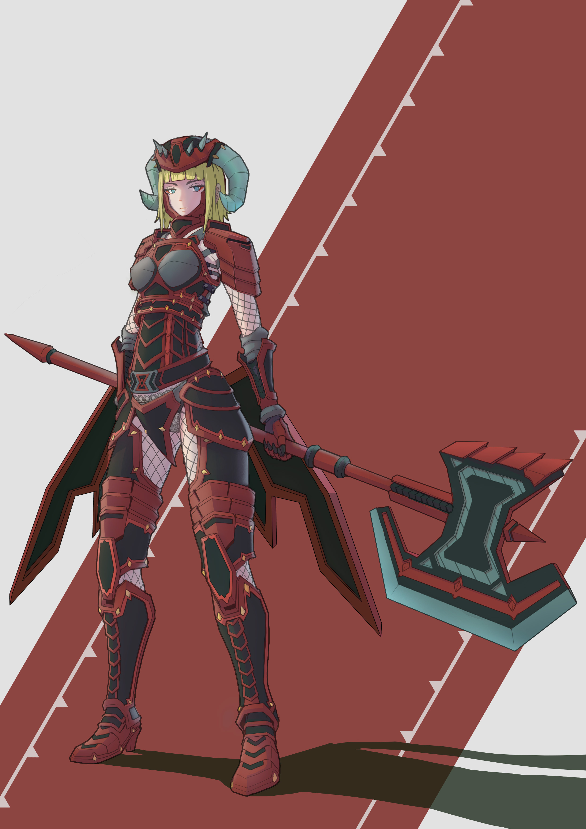 Safebooru - 1girl absurdres armor axe bangs battle axe blonde hair blue eyes breasts fishnet ...