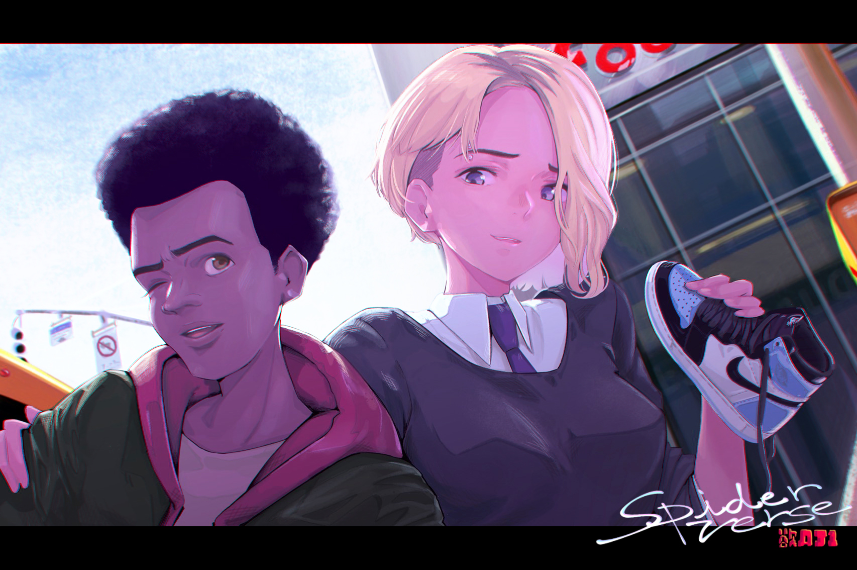 Safebooru - 1boy 1girl ;) afro arm around shoulder asymmetrical hair black hair blonde hair blue ...