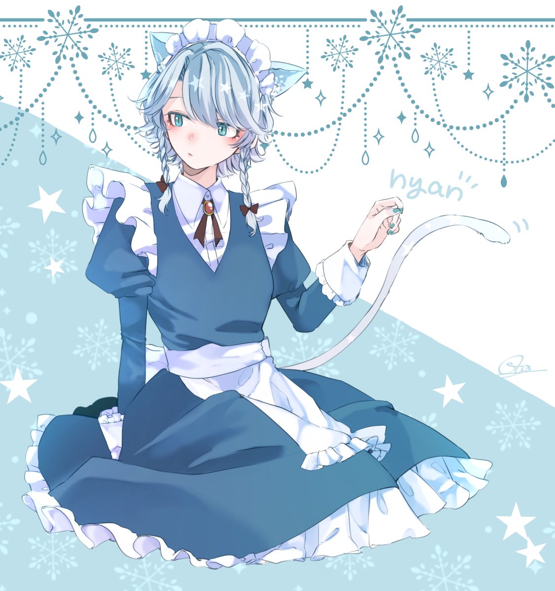 Safebooru - 1girl animal ears apron aqua eyes aqua nails artist name bangs black bow black ...