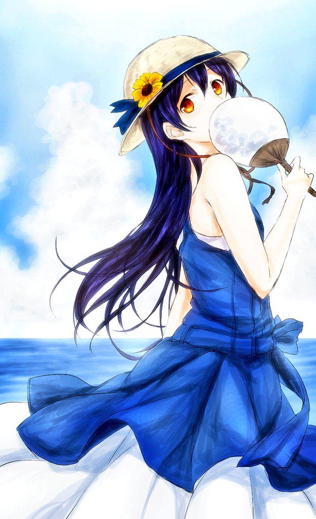 Safebooru - 1girl bangs bare shoulders blue dress blue hair commentary request covering mouth ...
