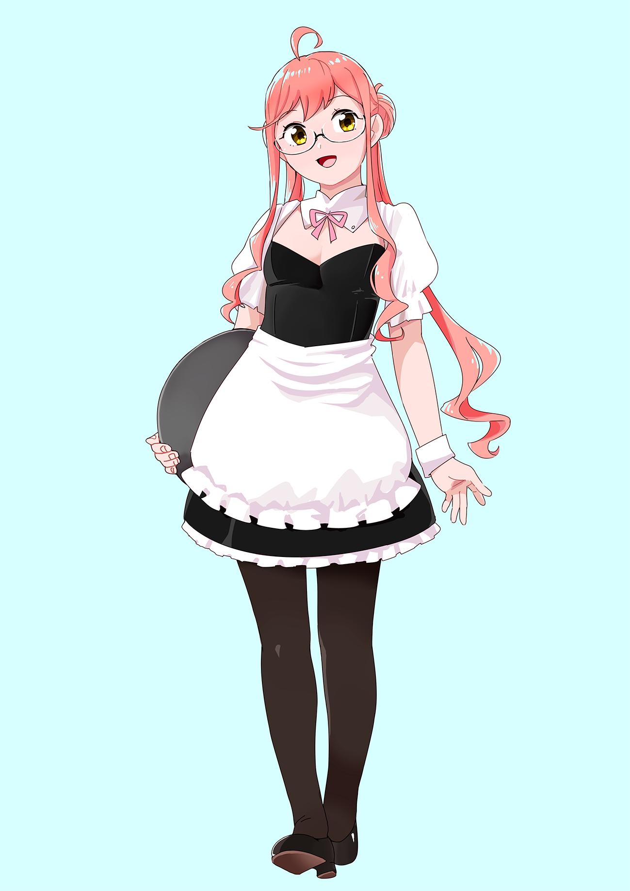 Safebooru - 1girl ahoge alternate costume apron bangs black dress blue background breasts brown ...