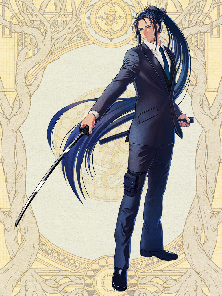 Safebooru - 1boy black footwear black pants blue hair blue neckwear ...