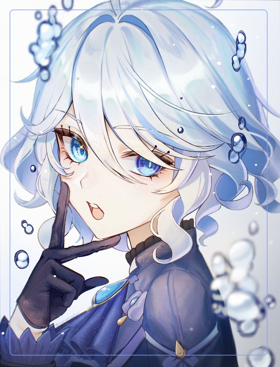 Safebooru - 1girl ahoge ascot black gloves blue ascot blue brooch blue eyes blue hair blue ...