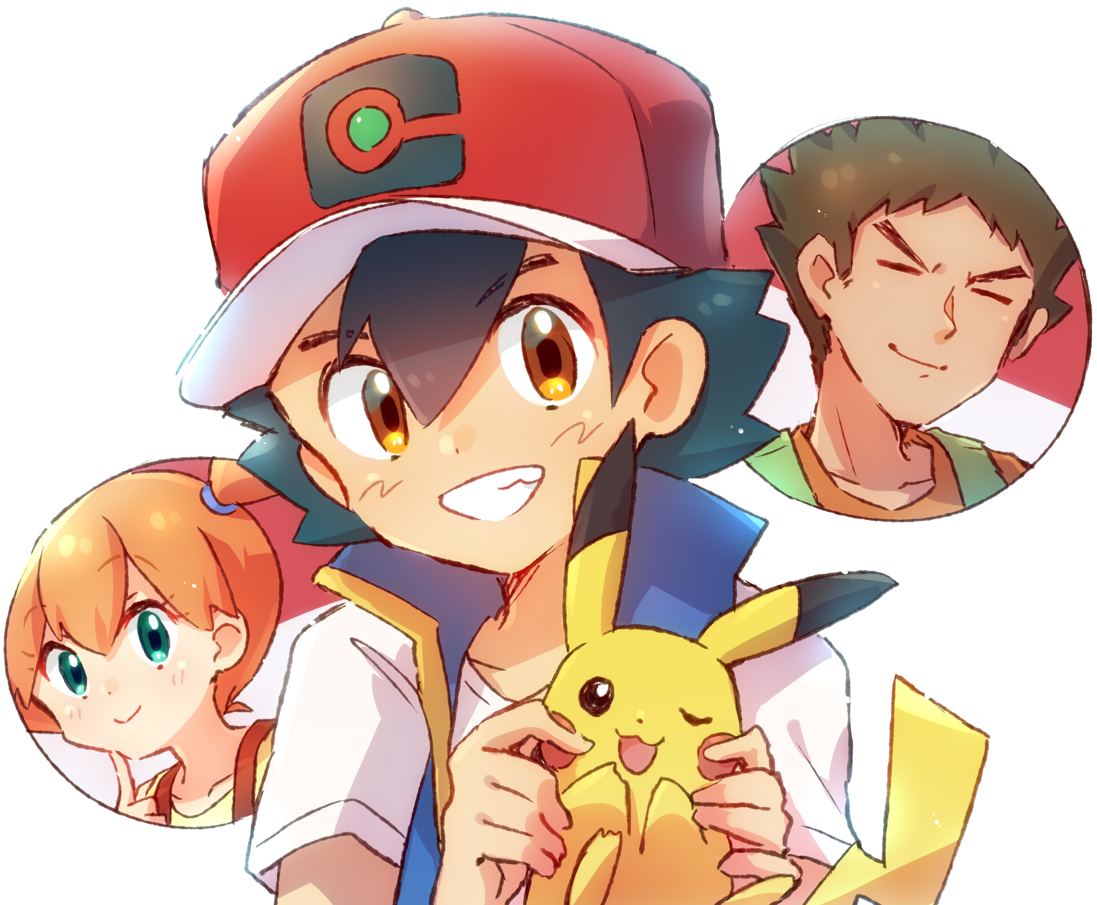 Safebooru - 1girl 2boys :3 aqua eyes ash ketchum baseball cap black hair blue vest brock ...