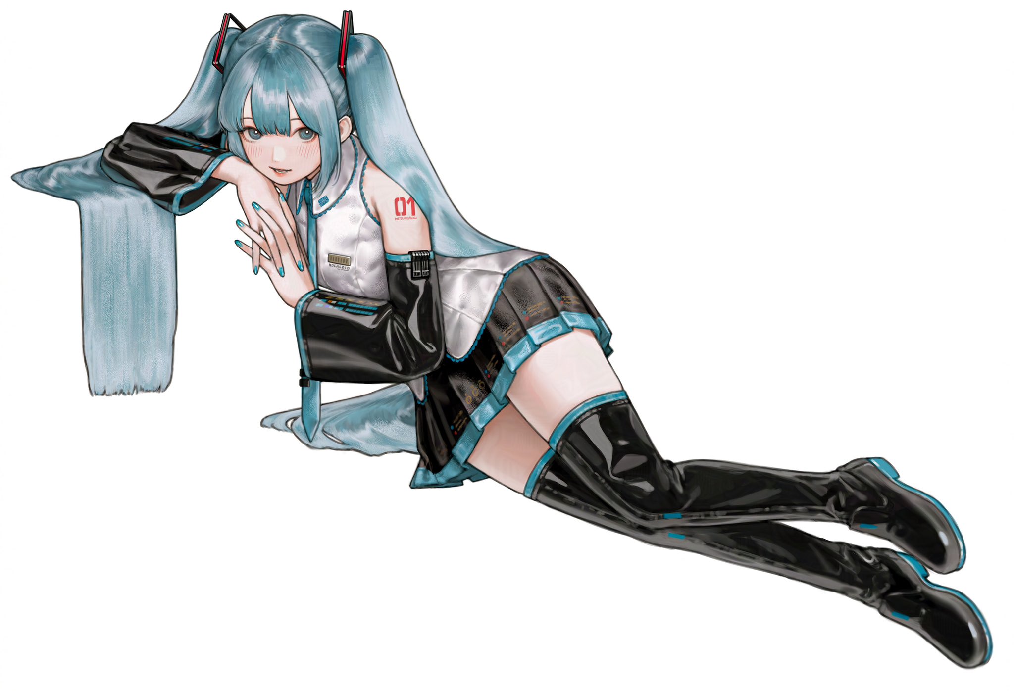 Safebooru - 1girl aqua eyes aqua hair aqua nails aqua necktie black skirt black sleeves collared ...