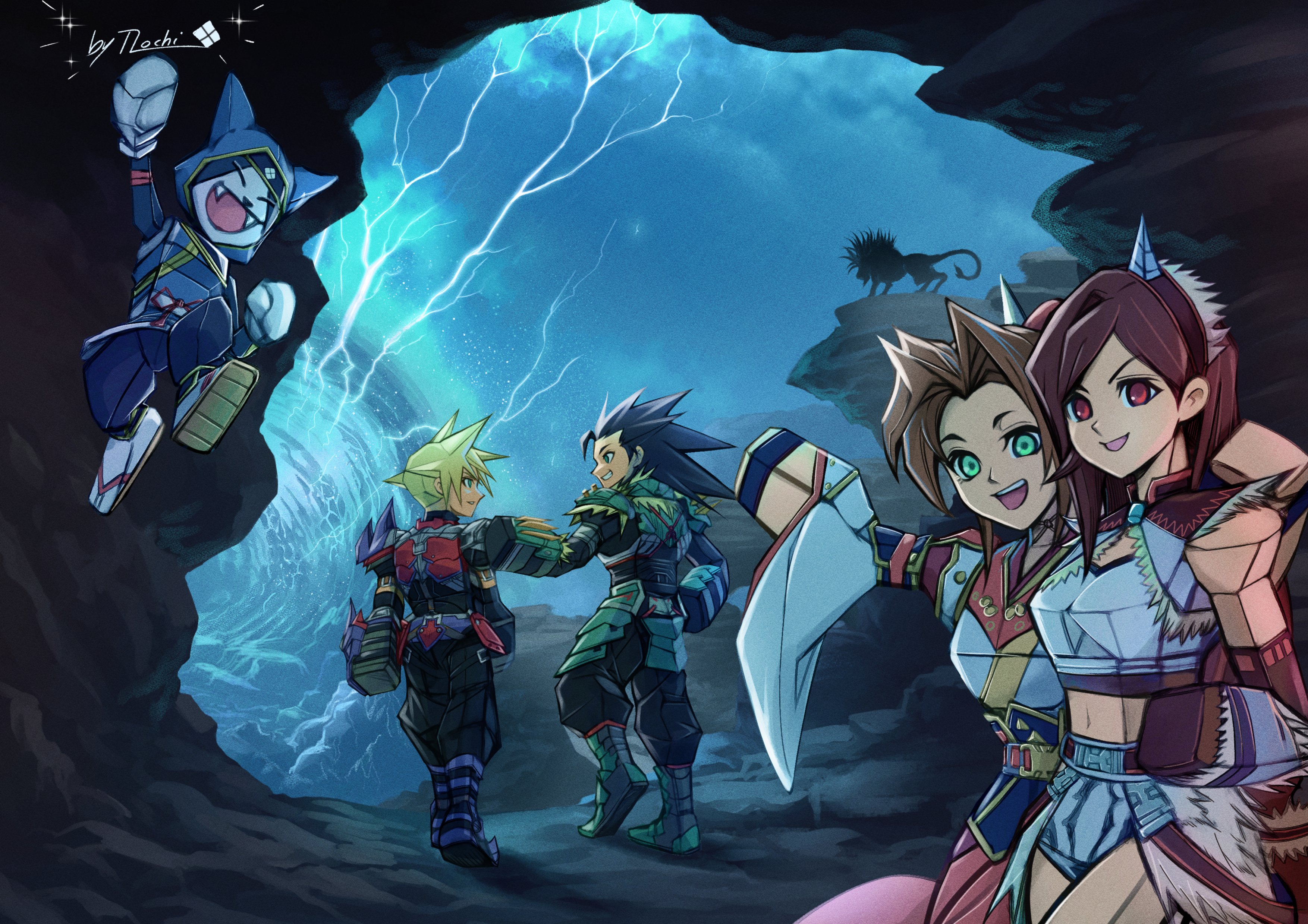 Safebooru - 2boys 2girls absurdres aerith gainsborough aerith gainsborough (kamura dress) animal ...