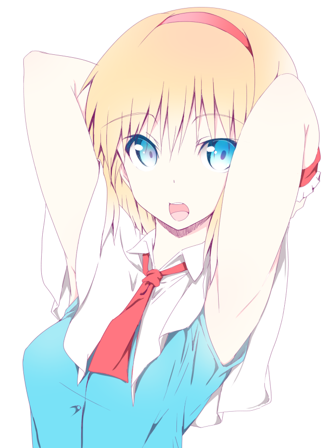 Safebooru - 1girl :o alice margatroid armpits arms behind head arms up bangs blonde hair blue ...