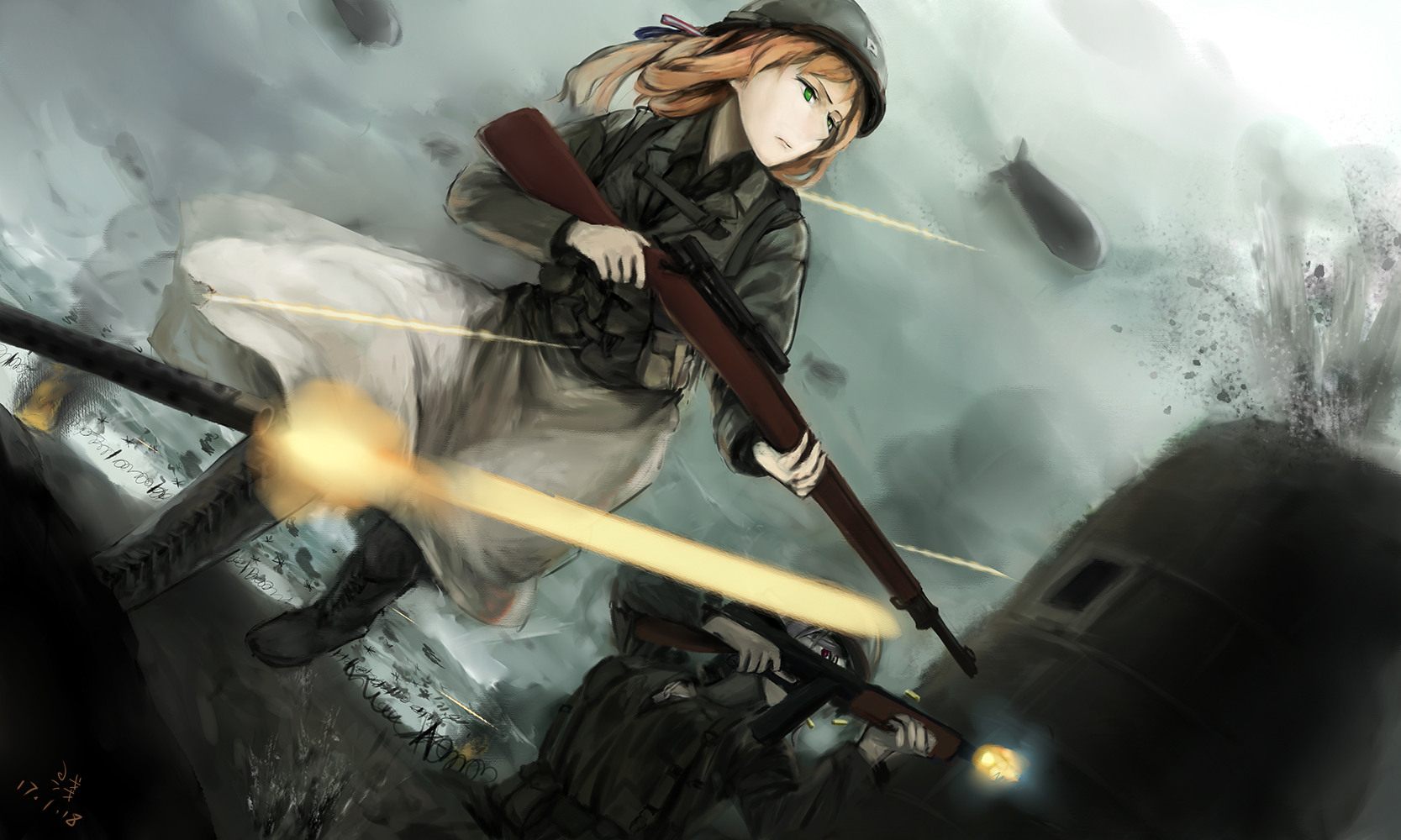 Safebooru - 2girls aircraft artillery beach blimp d-day dirigible ...
