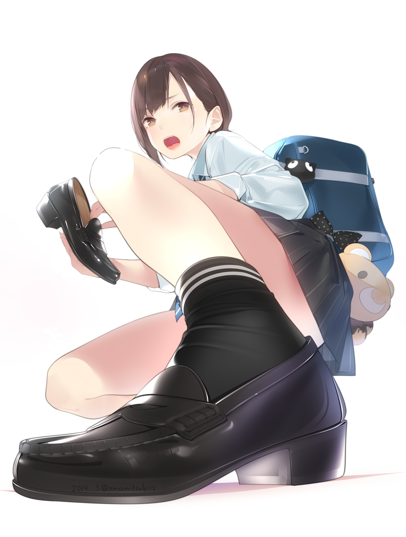 Safebooru - 1girl ama mitsuki backpack bag bangs black legwear black skirt blush bow brown eyes ...