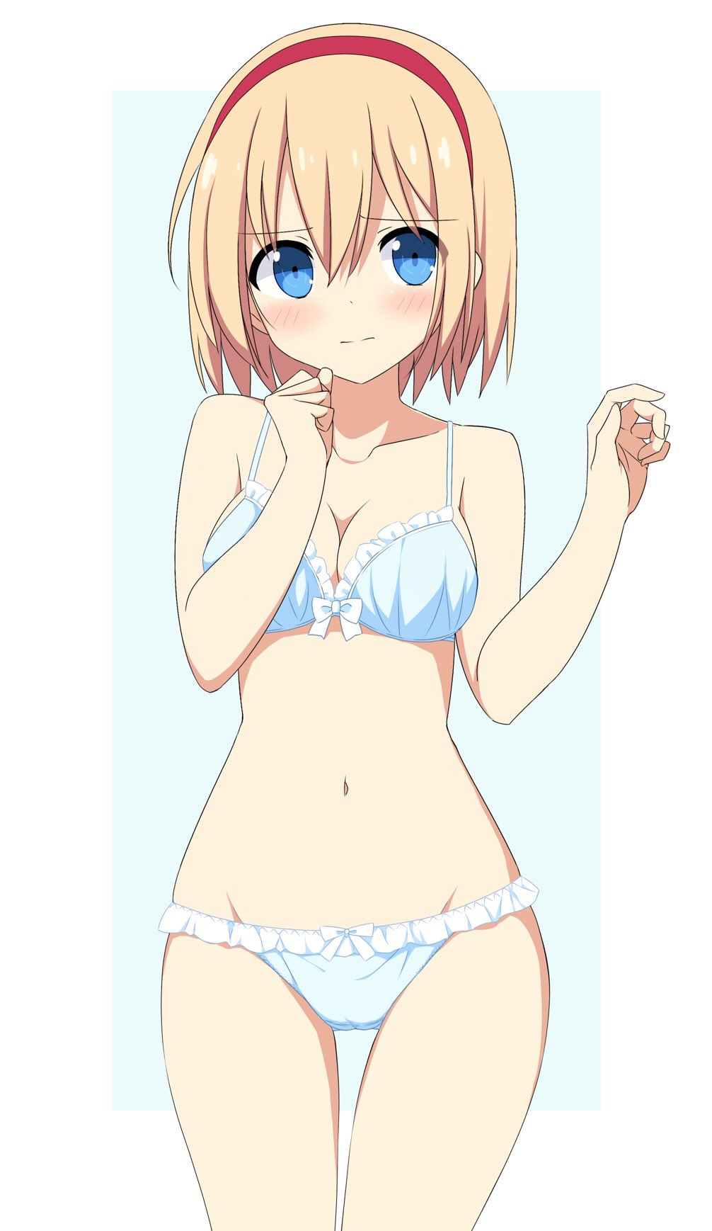 Safebooru - 1girl alice margatroid bangs bare arms bare shoulders blonde hair blue background ...