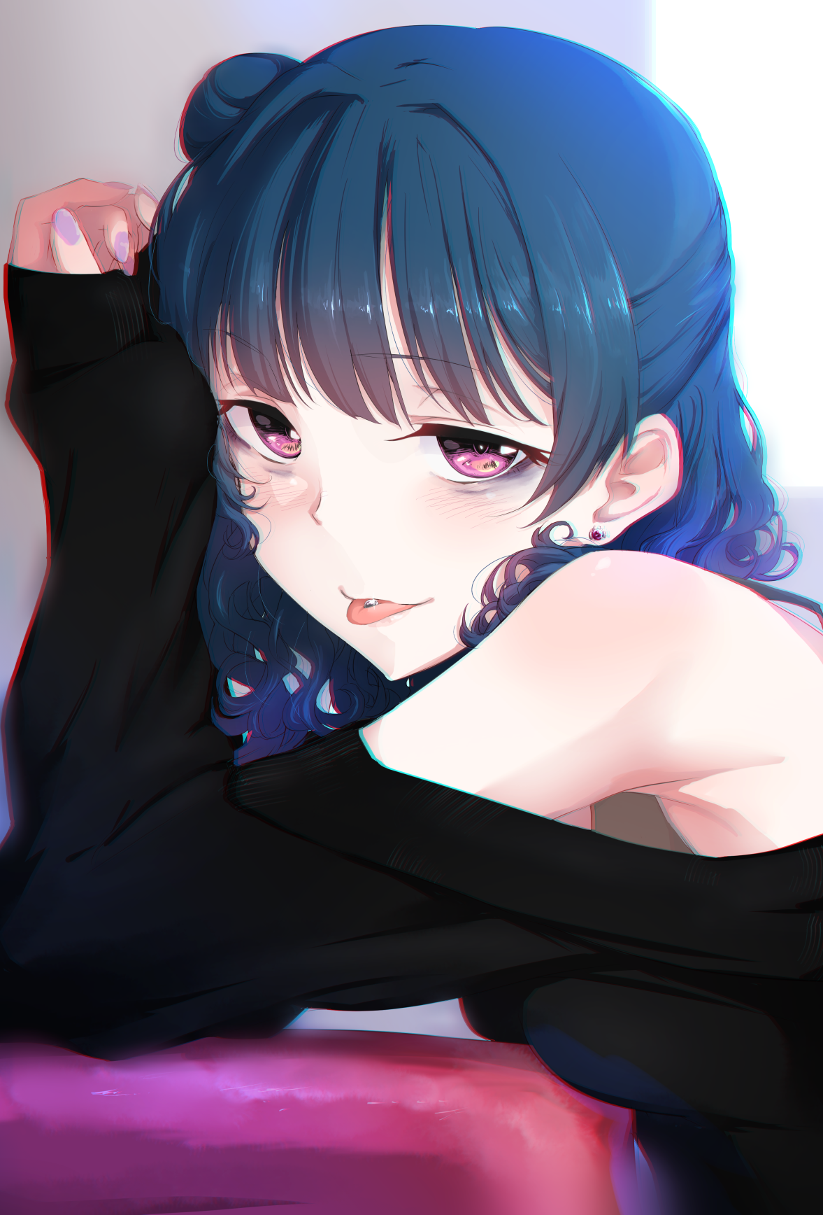 Safebooru - 1girl :p armpits bangs black shirt blue hair blush breast press chromatic aberration ...