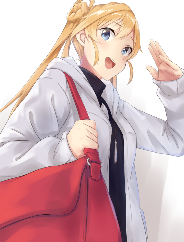 Safebooru - 1girl :d abukuma (kantai collection) arm up bag bangs black sweater blonde hair blue ...