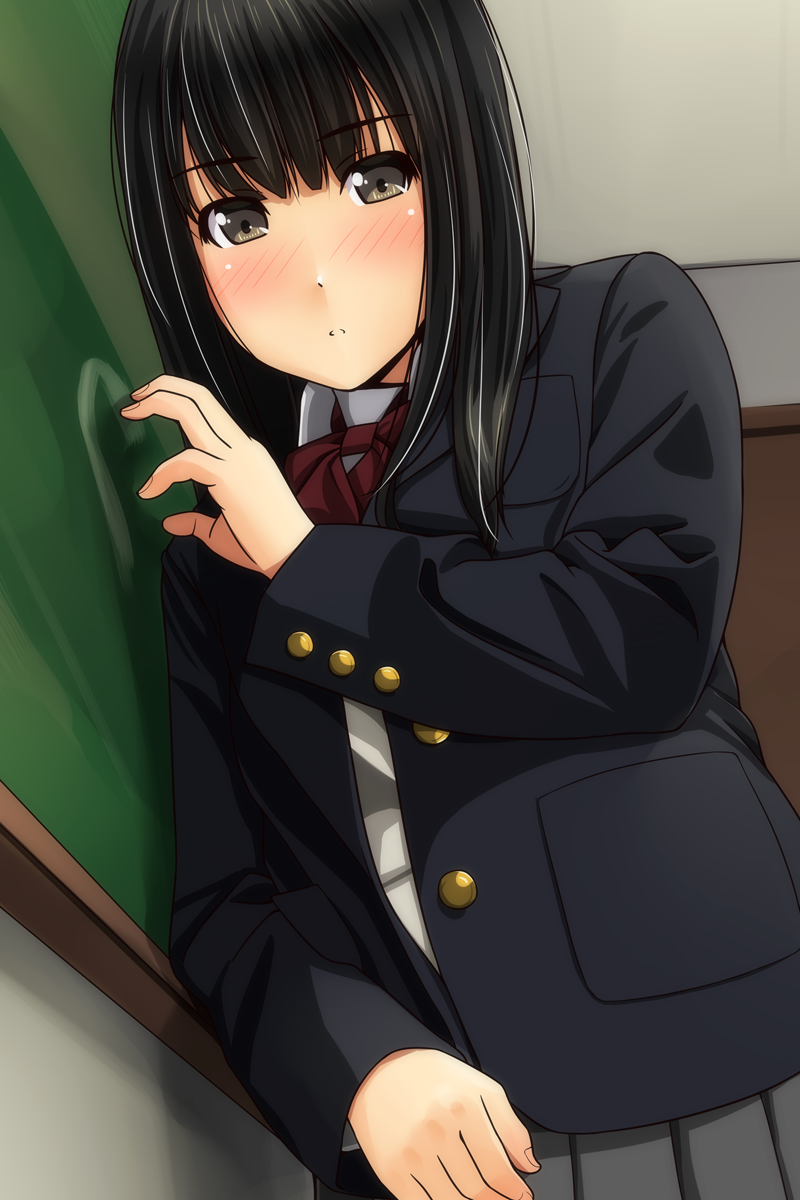 Safebooru - 1girl bangs black hair black jacket blazer blush bow brown eyes chalkboard ...