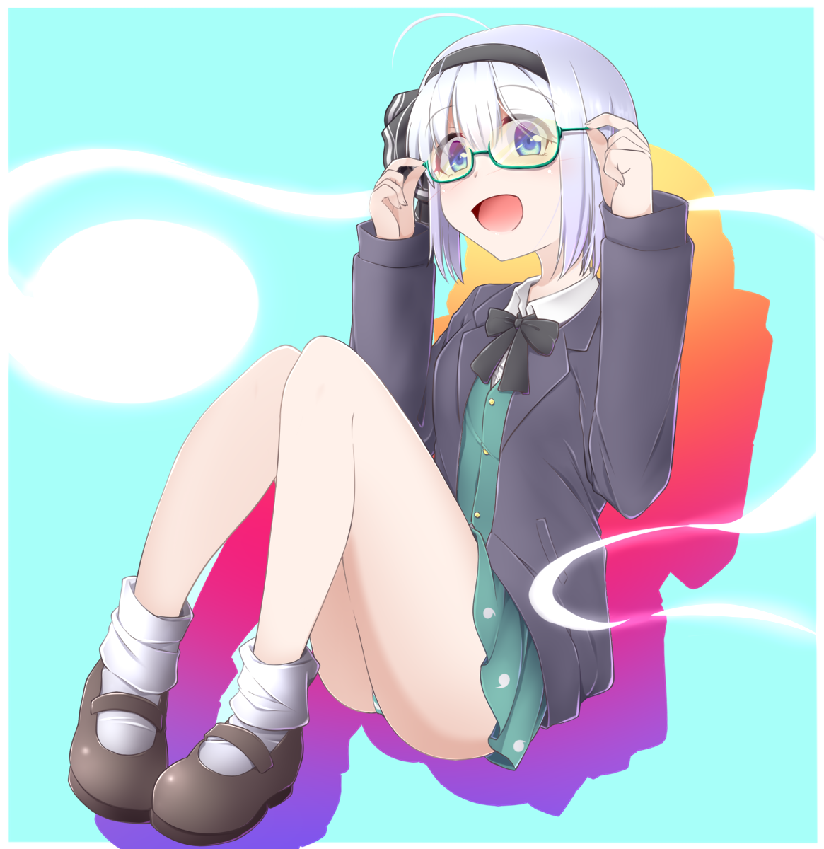 Safebooru - 1girl :d adjusting eyewear ahoge alternate costume ass bangs bare legs bespectacled ...