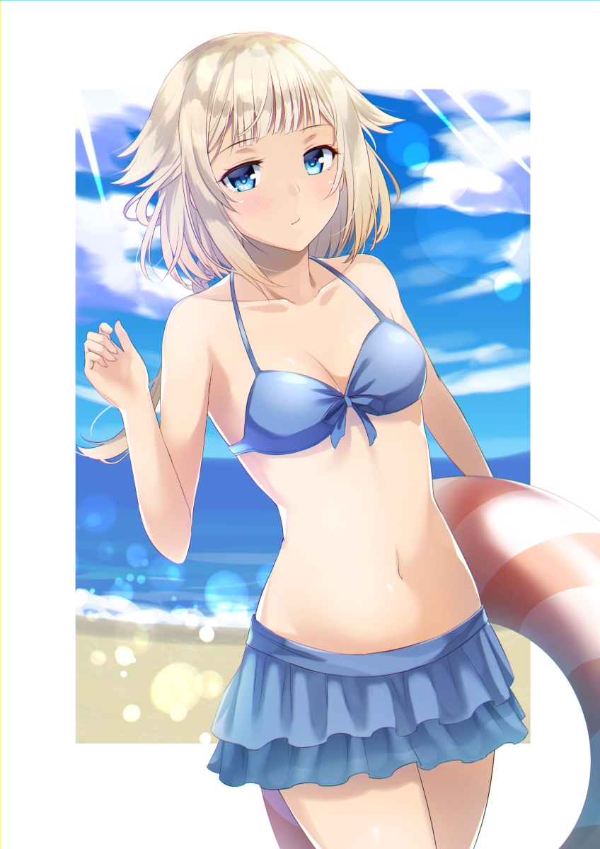 Safebooru - 1girl beach bikini bikini skirt blonde hair blue bikini blue eyes blue sky blush ...