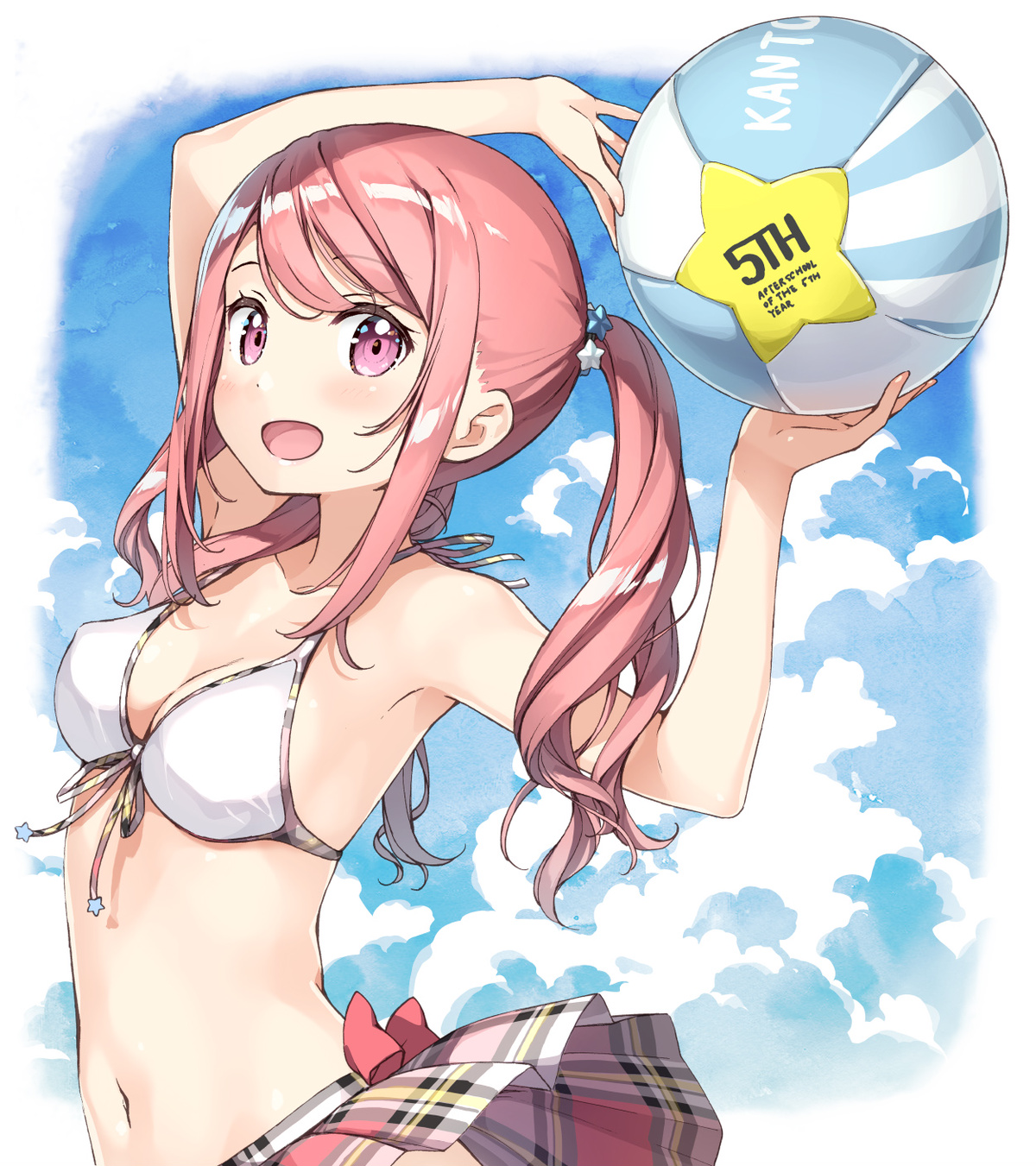 Safebooru - 1girl :d arm up armpits ball bare arms bare shoulders beachball blue sky breasts ...