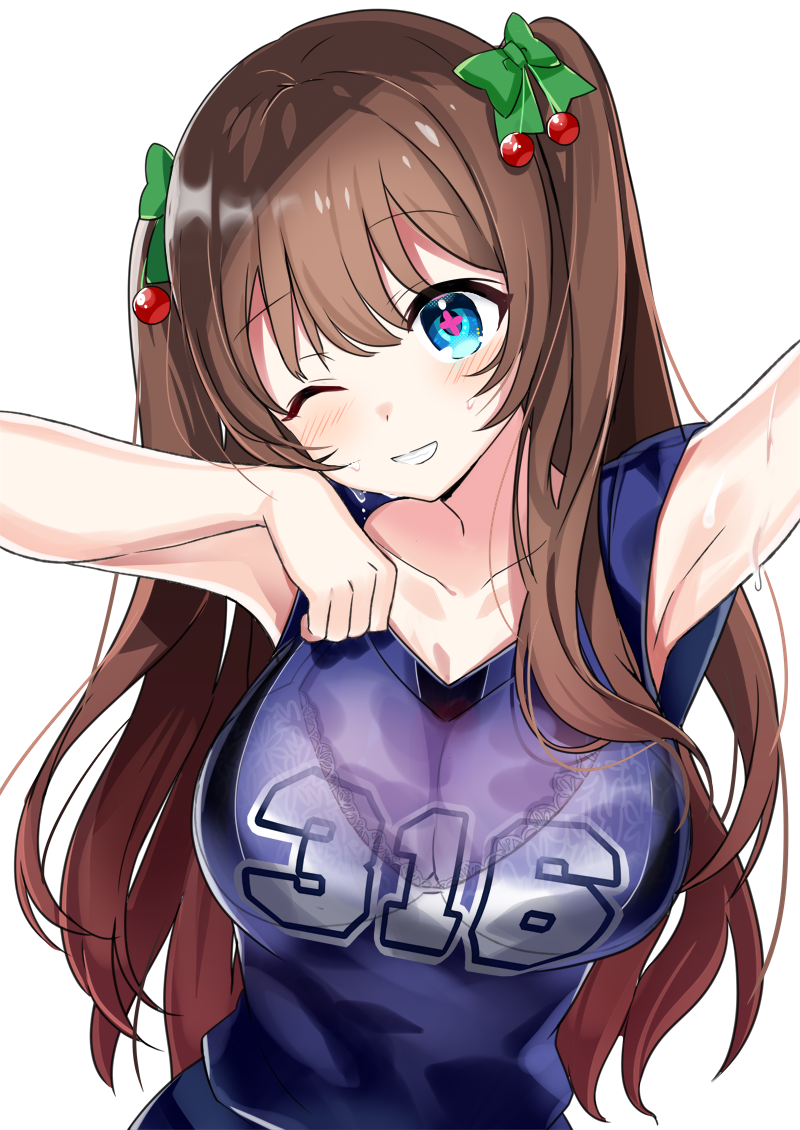 Safebooru - .live 1girl ;d arm up armpits bangs bare arms bare shoulders blue eyes blue shirt ...