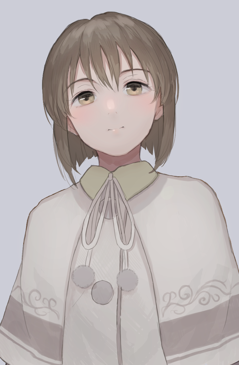 Safebooru - 1girl bangs bob cut brown eyes brown hair capelet collar expressionless grey ...