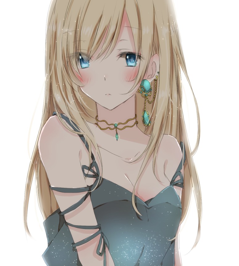 Safebooru - 1girl bangs blonde hair blue eyes blush breasts chemise cleavage closed mouth ...