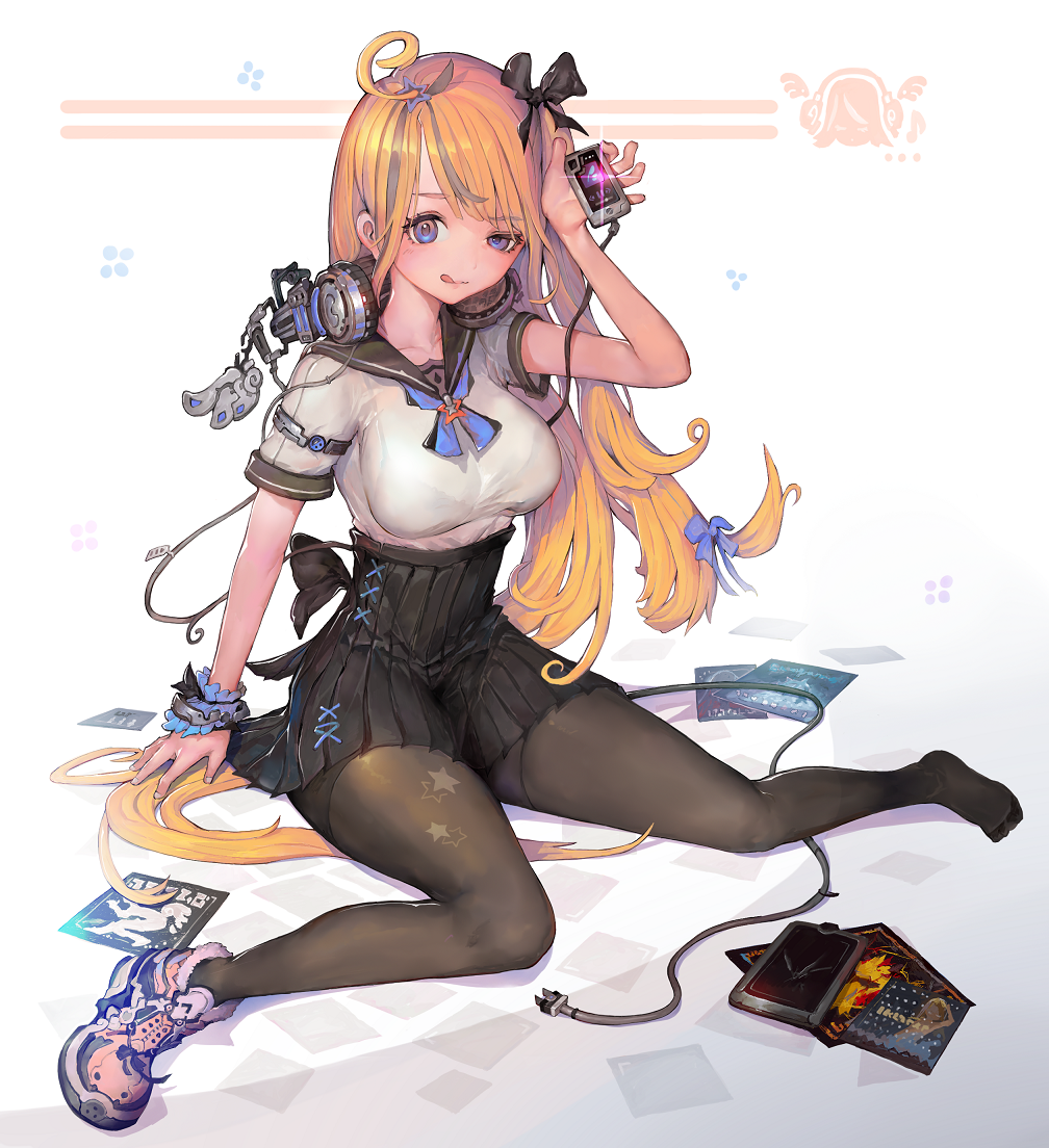 Safebooru - 1girl ahoge bangs black legwear black ribbon black sailor collar black skirt blue ...