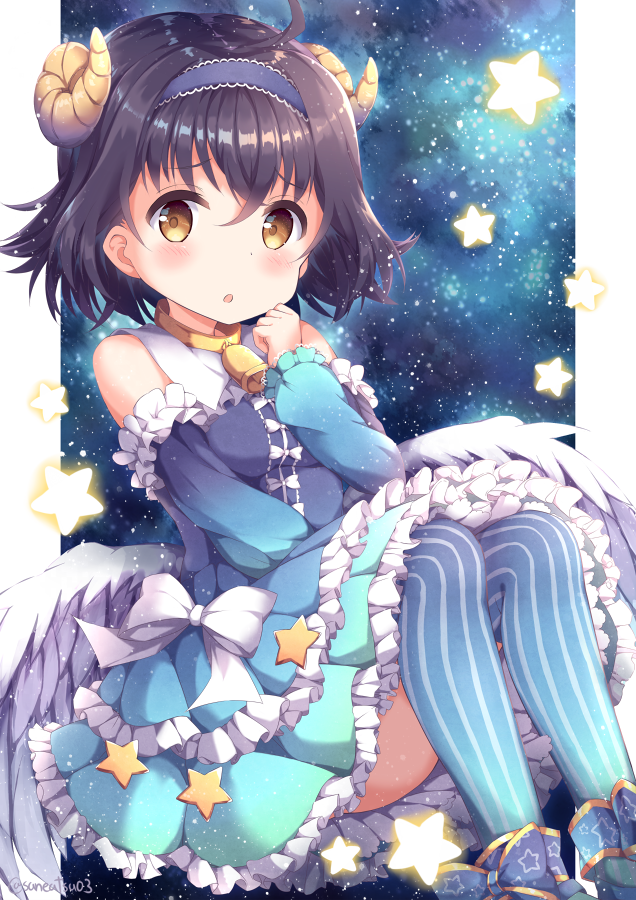 Safebooru - 1girl :o ahoge ankle bow ankle ribbon bangs black hair blue dress blue legwear blush ...