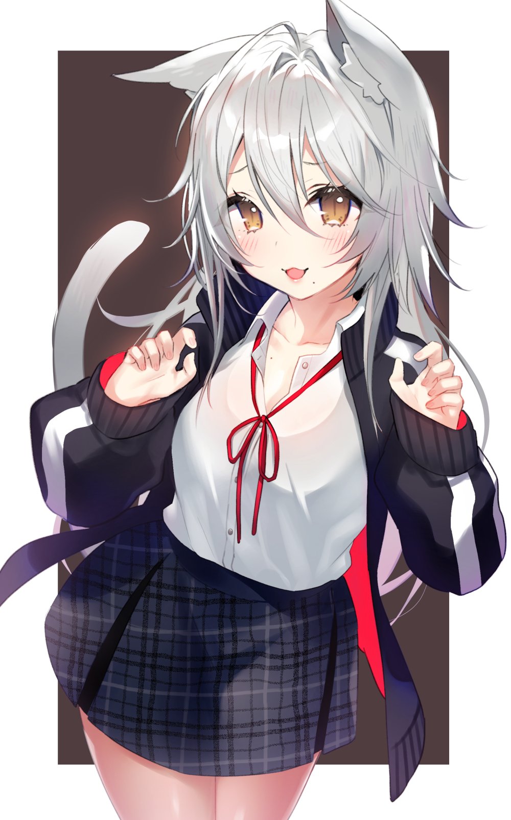 Safebooru - 1girl :3 :d ahoge animal ear fluff animal ears bangs black jacket blue skirt blush ...