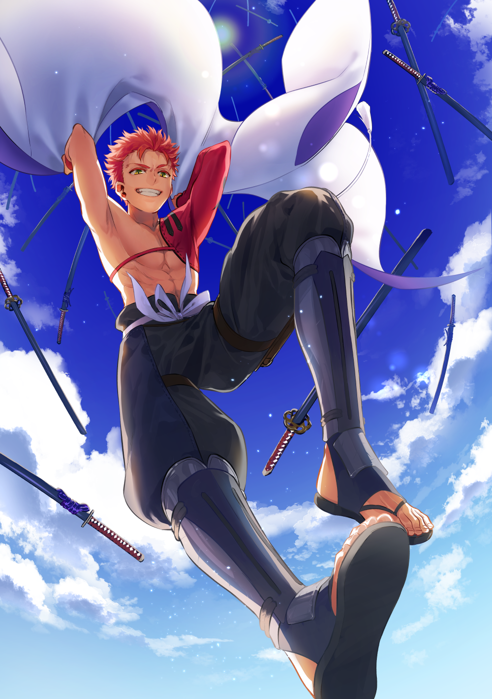 Safebooru - 1boy abs black pants bow clouds colored eyelashes emiya ...