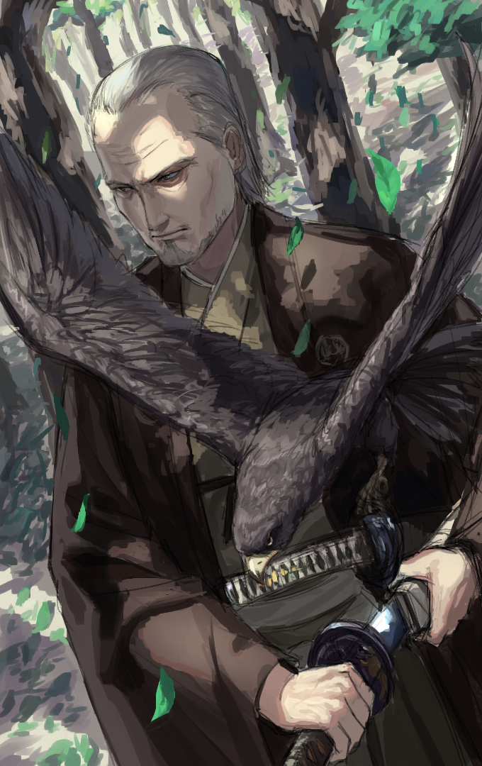 Safebooru - 1boy beard bird drawing sword facial hair fate/grand order fate (series) forest grey ...