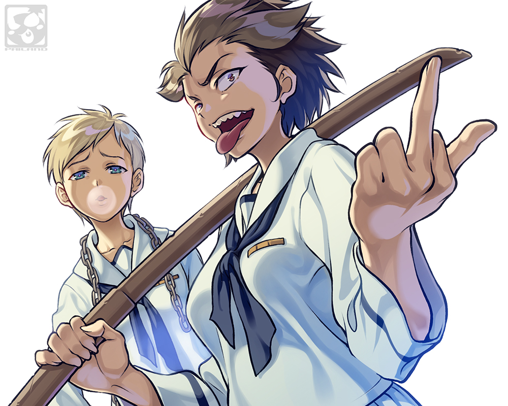 Safebooru - 2girls artist logo bangs blonde hair blouse blue eyes brown ...