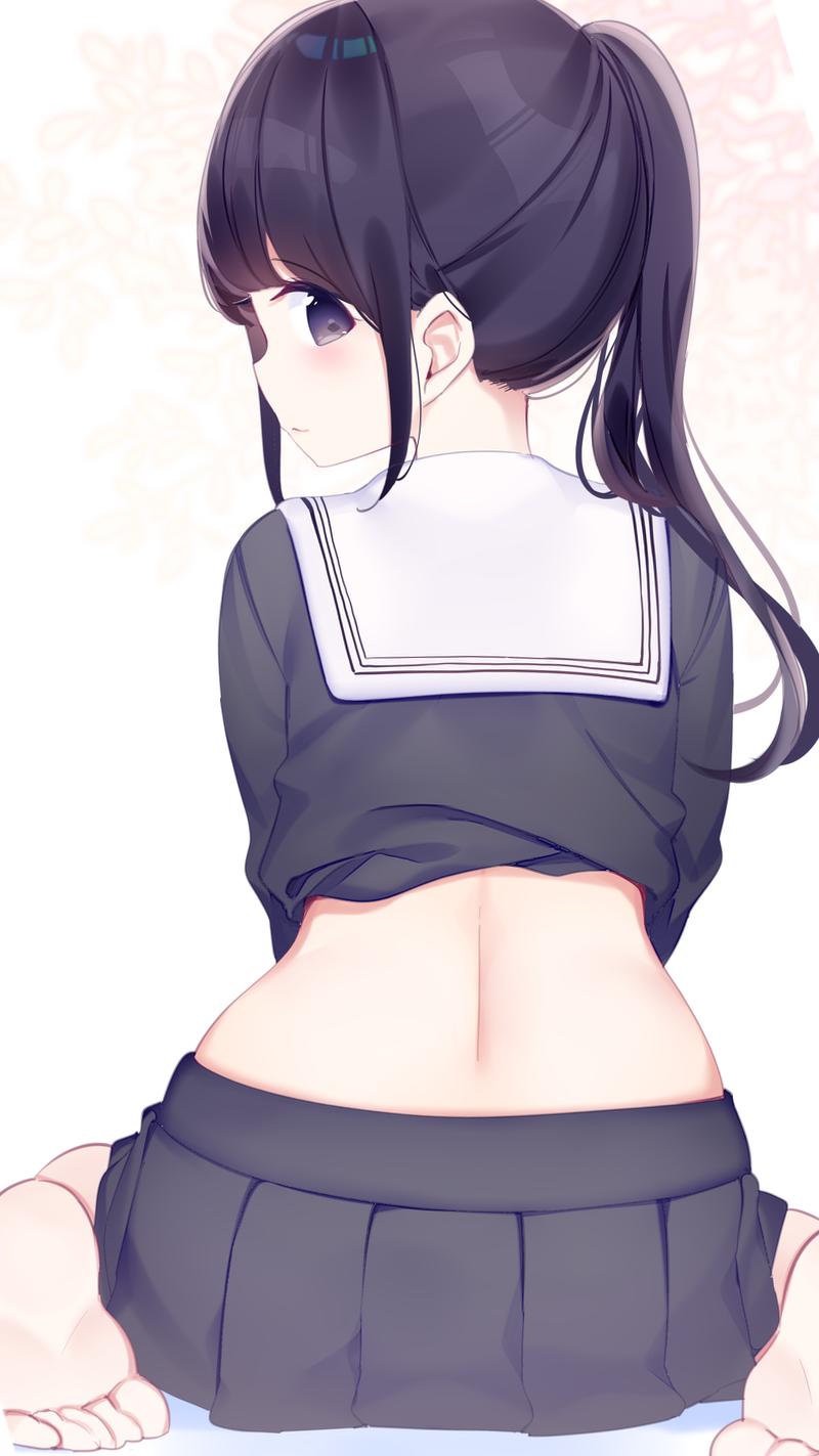 Safebooru - 1girl back bangs barefoot black hair black serafuku black shirt black skirt blush ...