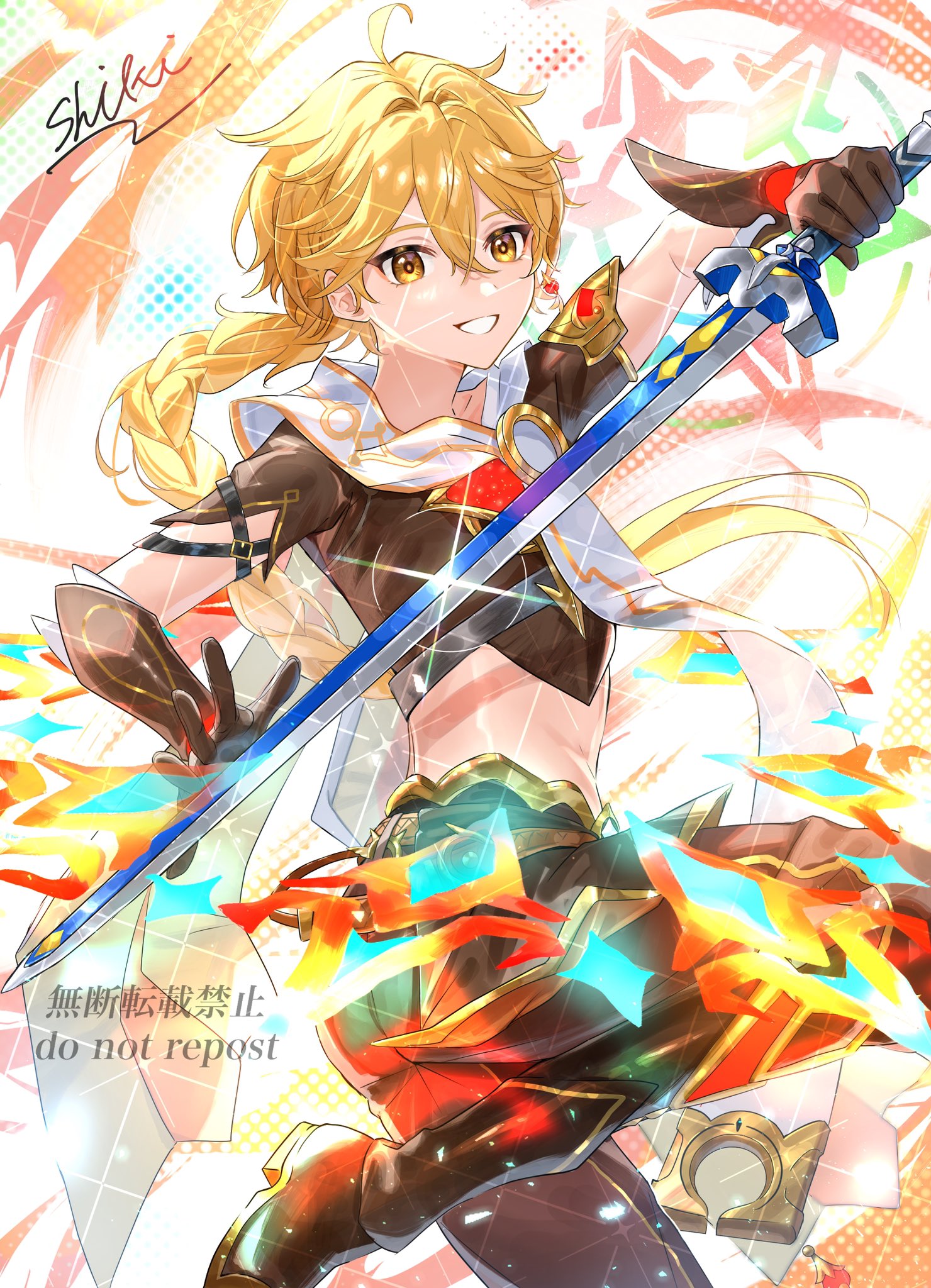 Safebooru - 1boy aether (genshin impact) ahoge armor artist name baggy pants belt black boots ...